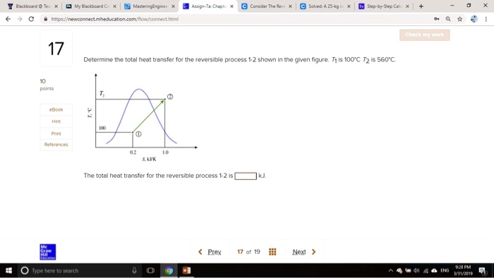 Determine the total heat transfer for the reversible process 1-2 shown in the given figure. T1 ...