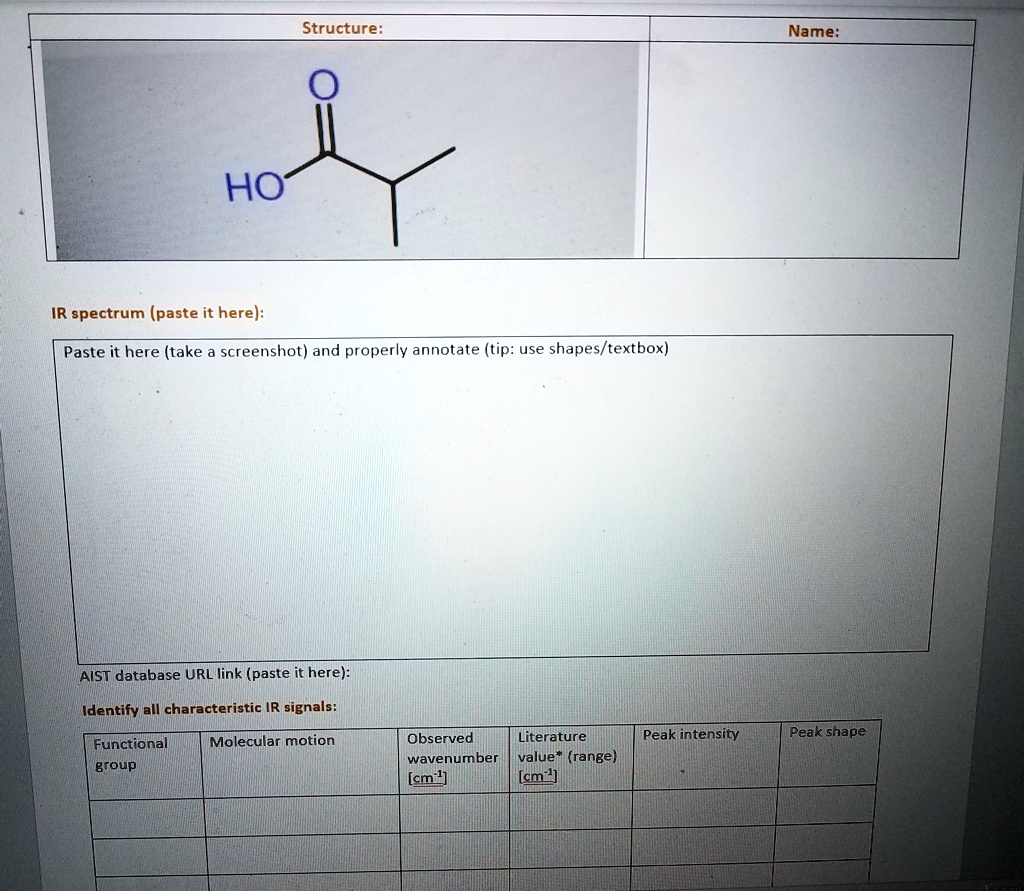 HO Structure: Name: IR spectrum (paste it here): Paste it here (take a ...