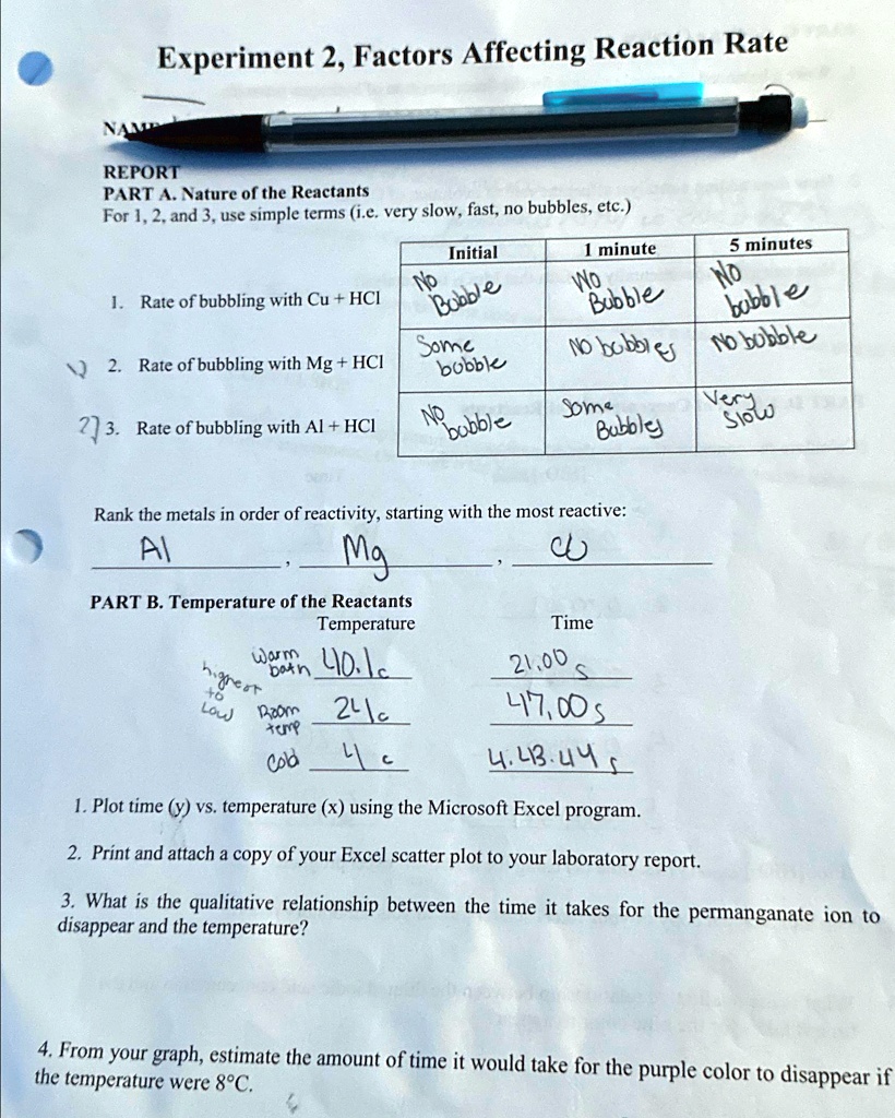 SOLVED: Experiment 2, Factors Affecting Reaction Rate REPORT PART A ...
