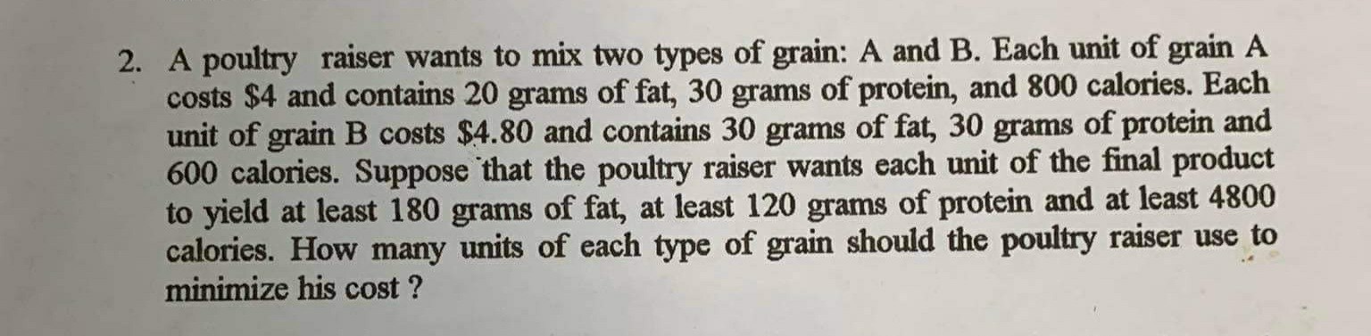 2. A poultry raiser wants to mix two types of grain: A and B. Each unit ...