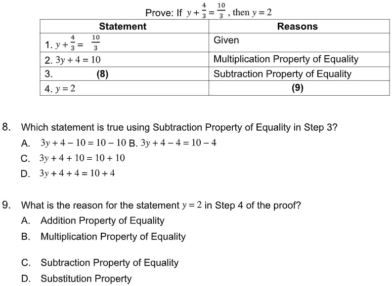 SOLVED: 10 Prove: If y + 3 then y = 2 Statement Reasons 10 Given 1.y+ 2. 3y+4 =10 Multiplication ...