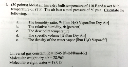 Moist air has a dry bulb temperature of 110Â°F and a wet bulb ...