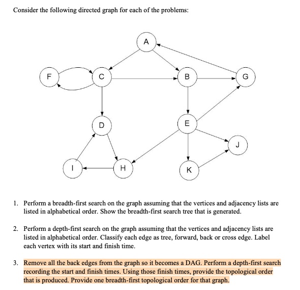 SOLVED: Question 3 Consider the following directed graph for each of the problems: 1. Perform a ...