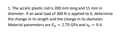 SOLVED: 1. The acrylic plastic rod is 200 mm long and 15 mm in diameter ...