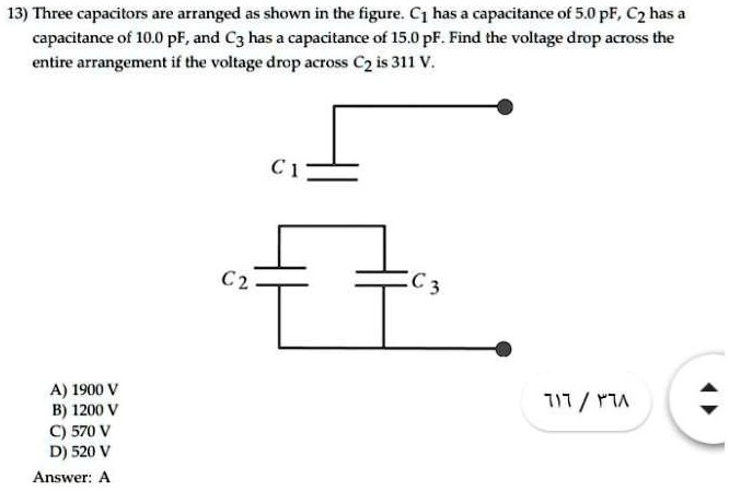 Three capacitors are arranged as shown in the figure. C1 has a ...