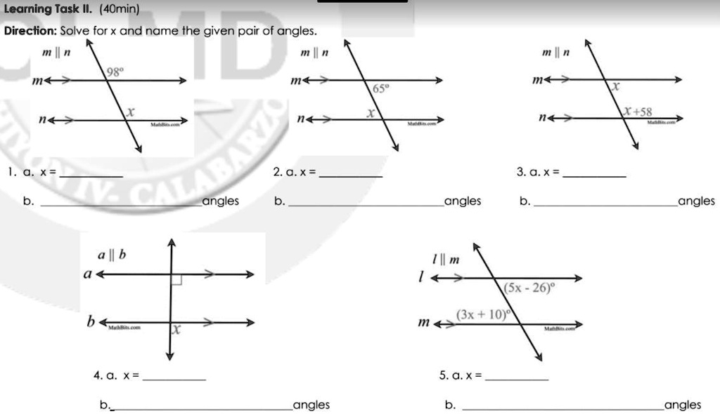 Learning Task II. (40min) Direction: Solve for x and name the given pair of angles. m || n 98° m ...
