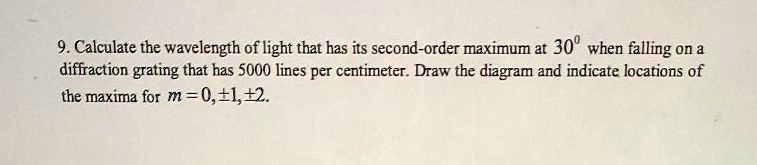 SOLVED: Calculate the wavelength of light that has its second-order maximum at 30Â° when falling ...