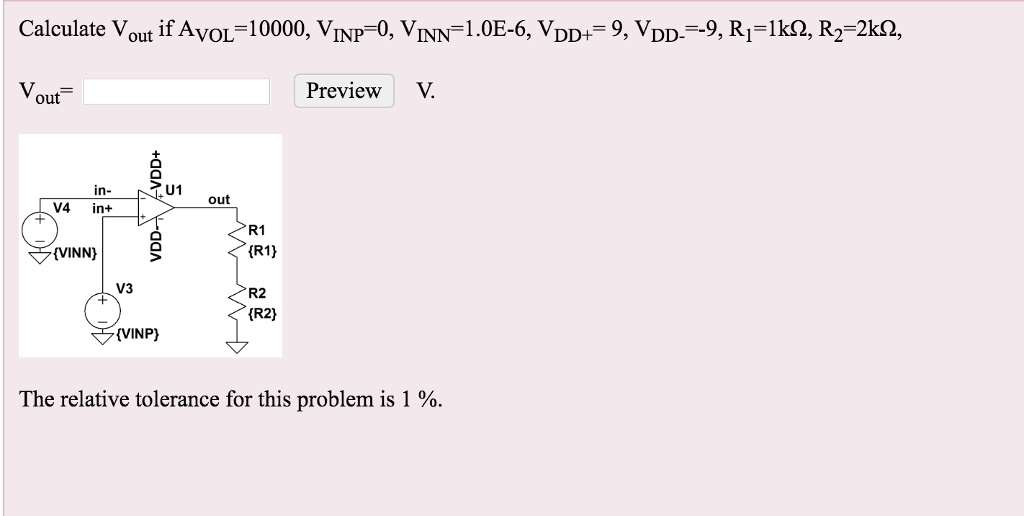 SOLVED: Calculate Vout if AvOL=10000, VNp=0, VNN=1.0E-6, VpD+=9, VpD-=-9, R=1kÎ©, R2=2kÎ©. Vout ...