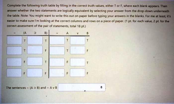 SOLVED: Complete the following truth table by filling in the correct ...