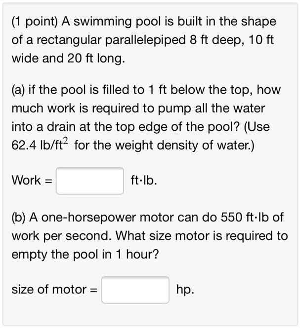 (1 point) A swimming pool is built in the shape of a rectangular ...