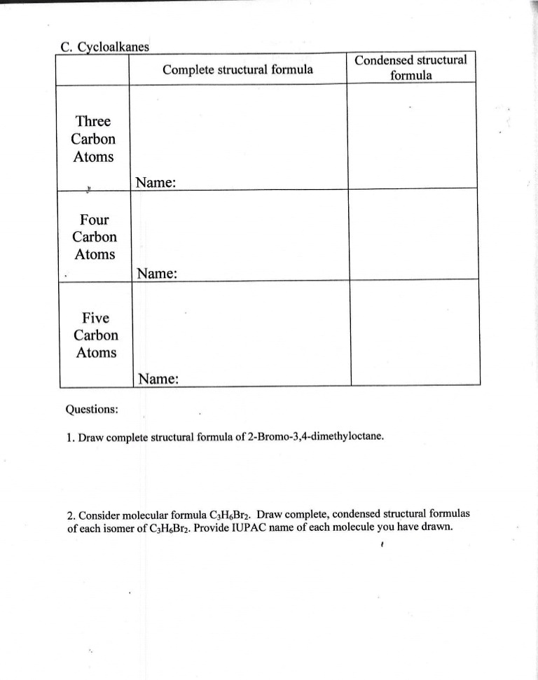 C. Cycloalkanes Complete structural formula Condensed...