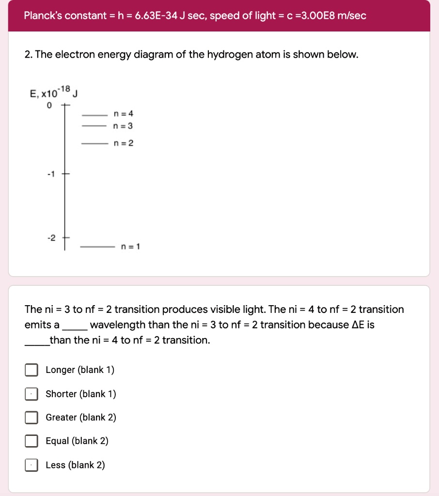 SOLVED:Plancks constant = h = 6.63E-34 J sec, speed of light = € =3 ...