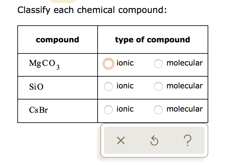 SOLVED: Classify each chemical compound: compound type of compound MgCO ...