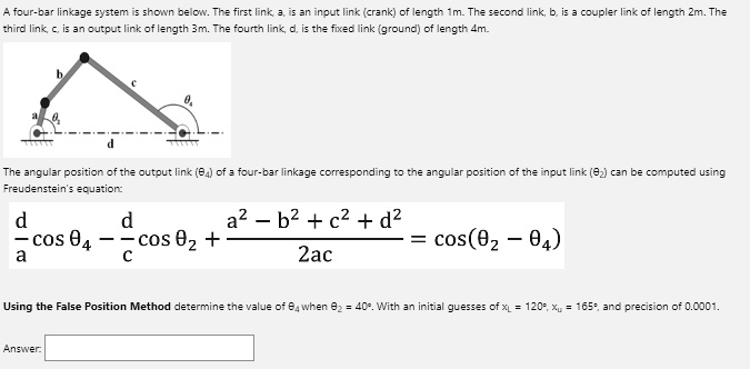 SOLVED: A four-bar linkage system is shown below. The first link, a, is an input link (crank) of ...