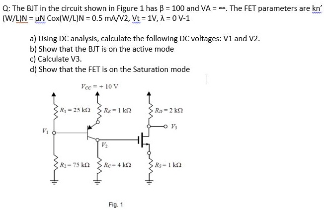 SOLVED: Q:The BJT in the circuit shown in Figure 1 has B=100and VA=–.The FETparameters are kn W ...