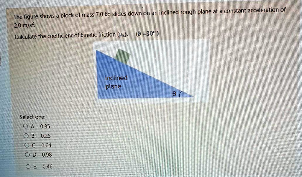 SOLVED: block of mass 7,0 kg slides down on an inclined rough plane at a constant acceleration ...
