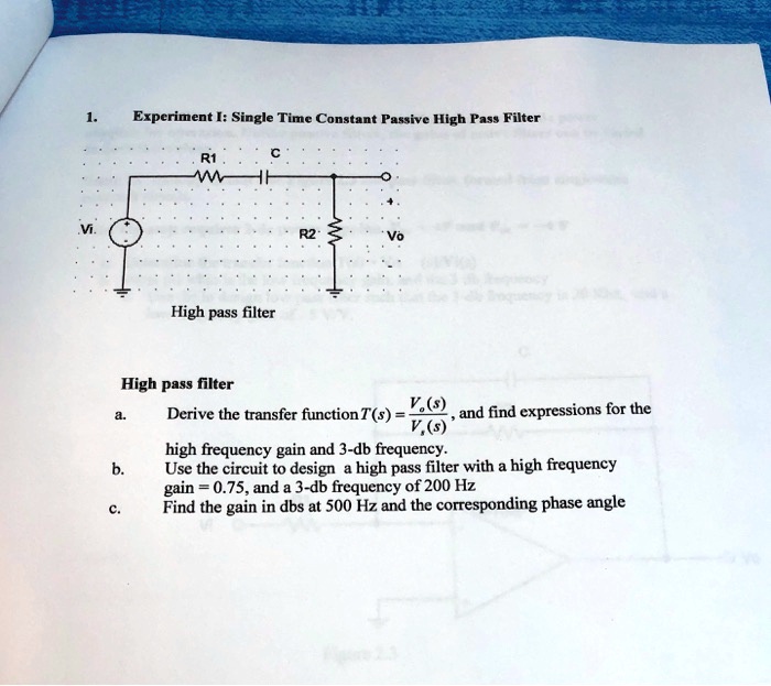 SOLVED: Experiment I: Single Time Constant Passive High Pass Filter R1 WW High-pass filter High ...