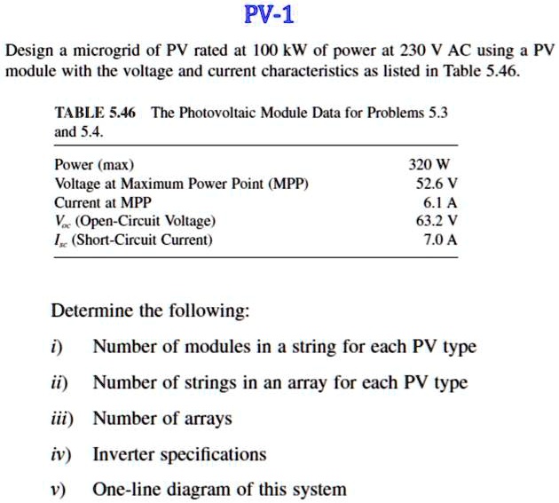 SOLVED: Design a microgrid of PV rated at 100 kW of power at 230 V AC using a PV module with the ...