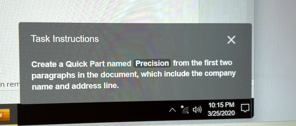 SOLVED: Task Instructions Create a Quick Part named Precision from the ... SOLVED: Task Instructions Create a Quick Part named Precision from the ...