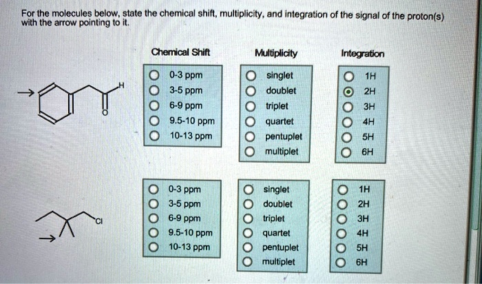 SOLVED:For the molecules below. state the chemica shift , mulliplicity ...