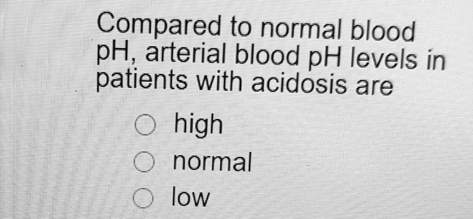 Compared to normal blood pH, arterial blood pH levels in patients with ...
