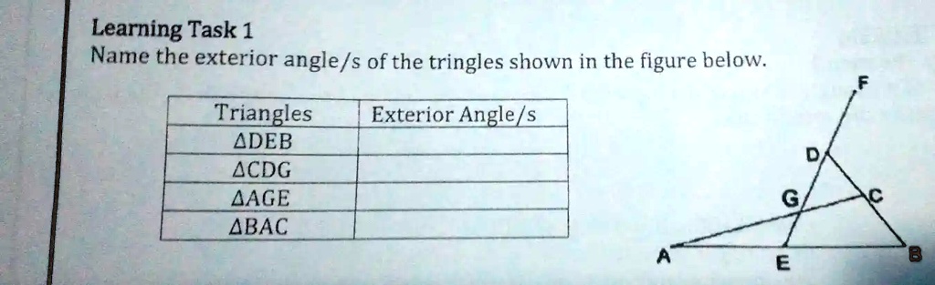 Learning Task 1: Name the exterior angles of the triangles shown in the ...