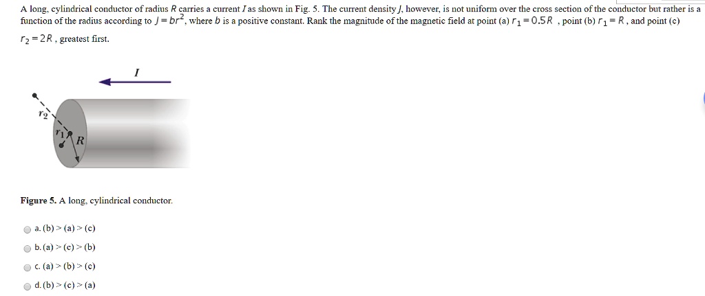 SOLVED: Long cylindrical conductor of radius R carries current I as shown in Fig. The current ...