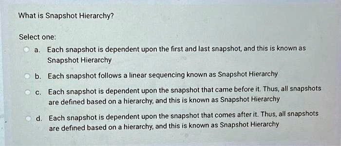 What is Snapshot Hierarchy? Select one: a. Each snapshot is dependent upon the first and last ...
