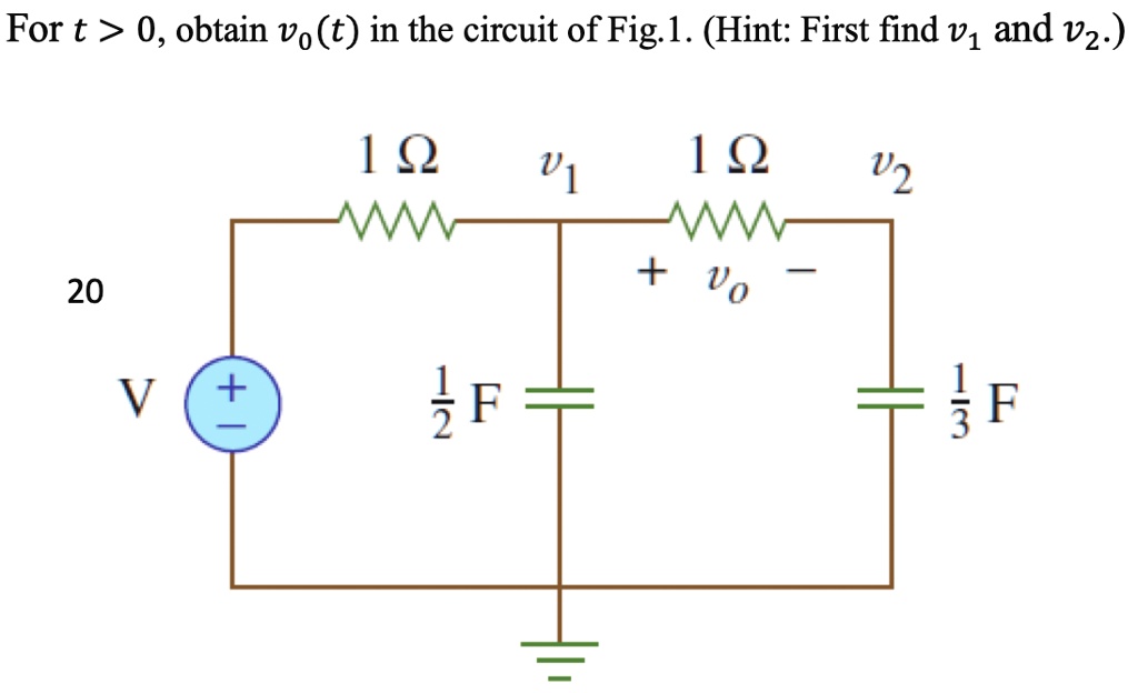 SOLVED: For t > 0, obtain vo(t) in the circuit of Fig.1. (Hint: First find v, and v2. 1 0 1 0 V1 ...