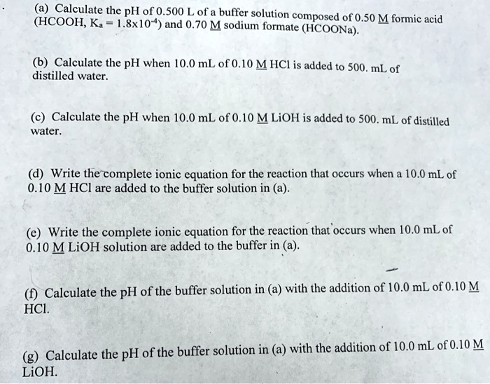 SOLVED:Calculate the pH of 0.500 L ofa buffer solution (HCOOH, K, 8x10-) and 0.70 M sodium ...
