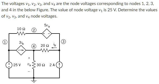 The voltages V1, V2, V3, and V4 are the node voltages corresponding to nodes 1, 2, 3, and 4 in ...