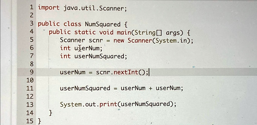 SOLVED: import java.util.Scanner; public class NumSquared public static ... SOLVED: import java.util.Scanner; public class NumSquared public static ...