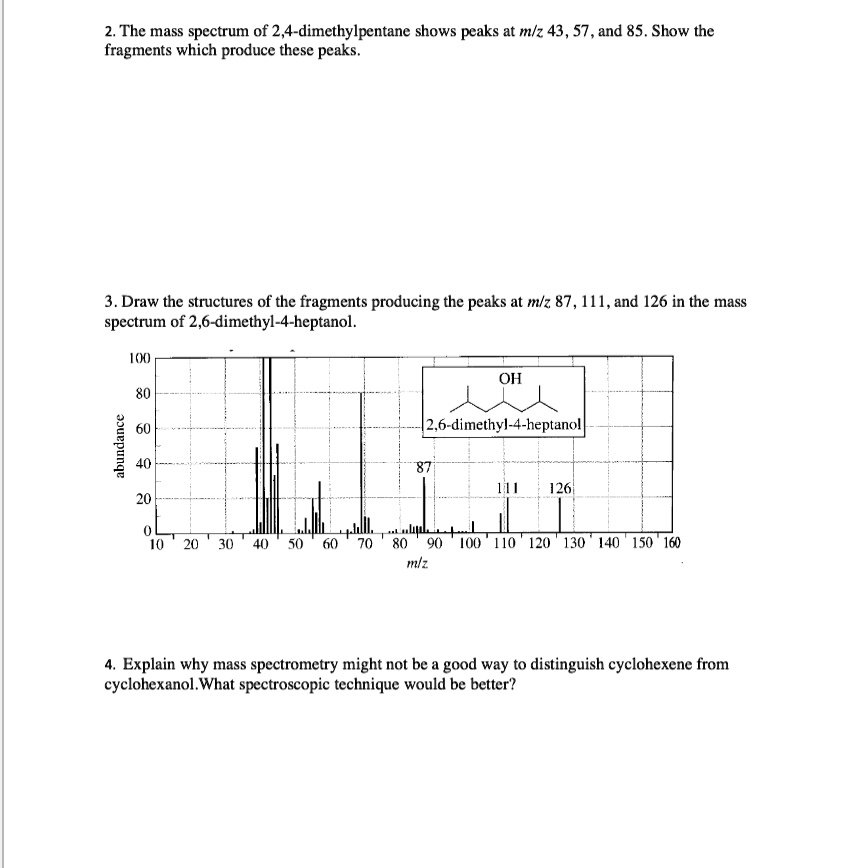 SOLVED: The mass spectrum of 2,4-dimethylpentane shows peaks at m/z 43, 57, and 85. Show the ...