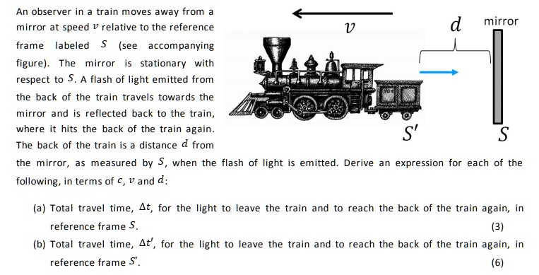 An observer in train moves away from mirror at speed...