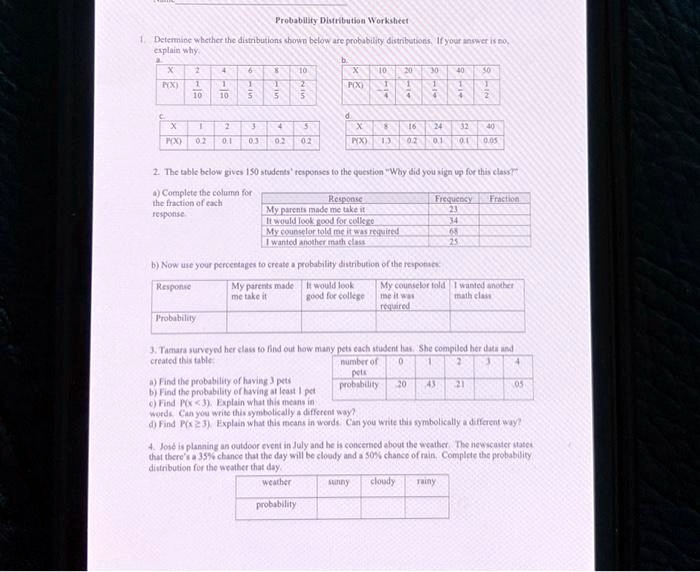 SOLVED: Probability Distribution Worksheet 1. Determine whether the ...