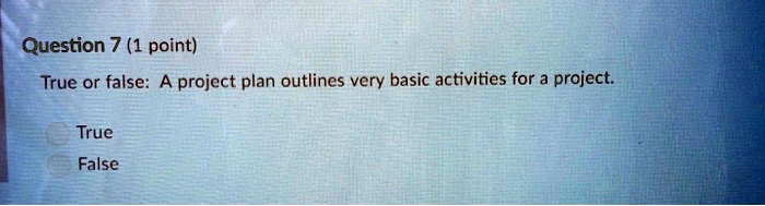 SOLVED: Question 7(1 point) True or false: A project plan outlines very ...