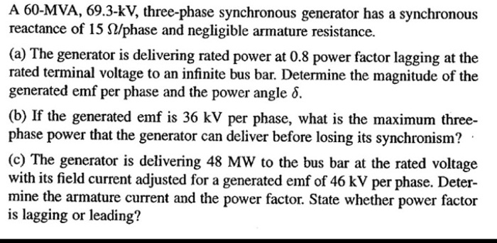 Solved A 60 Mva 69 3 Kv Three Phase Synchronous Generator Has A