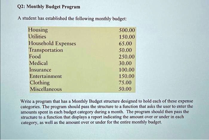This is coded in C++. Q2: Monthly Budget Program A student has ...