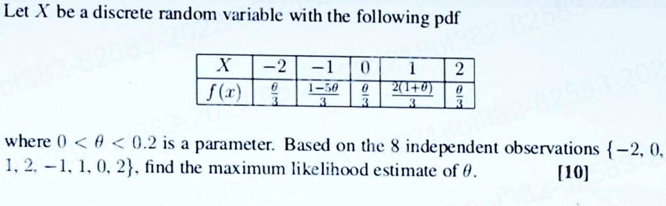 SOLVED: Let X be a discrete random variable with the following pdf -2 -1 0 1 2 f(x) 1-50 2(1+0 ...