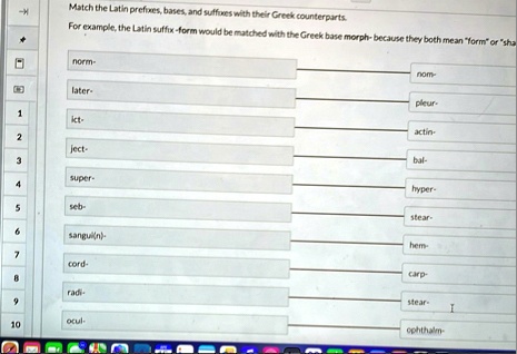 match the latin prefixes bases and suffixes with their greek ...