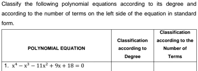 SOLVED: Classify the following polynomial equations according to its ...
