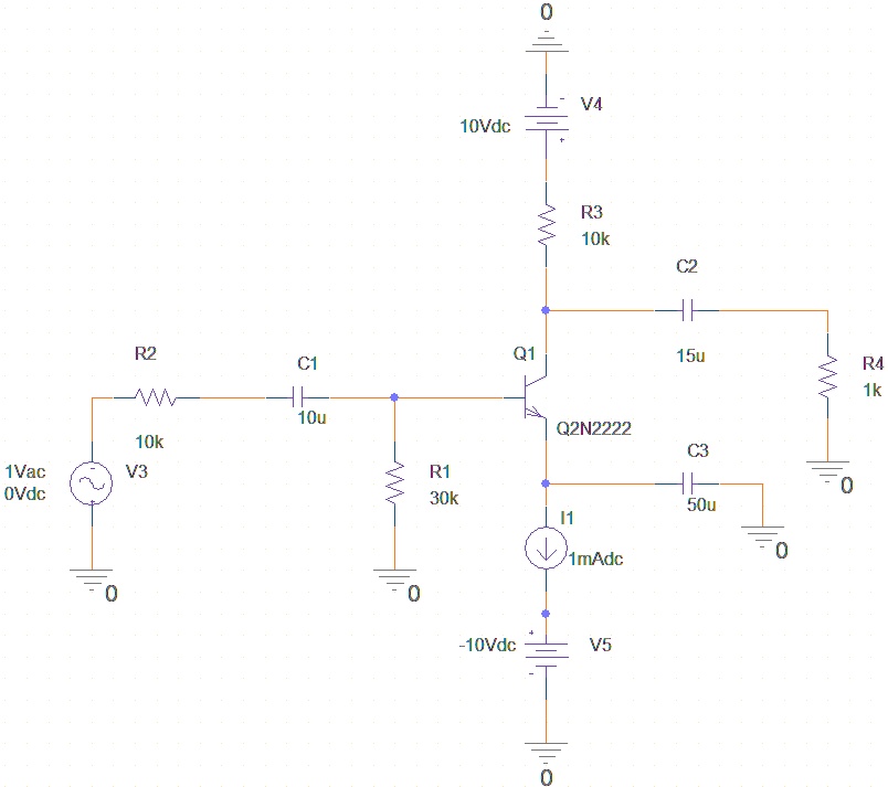 0 V4 10Vdc R2 Q1 C1 10u 10k 1Vac V3 0Vdc R3 10k C2 15u R4 1k Q2N2222 C3 ...