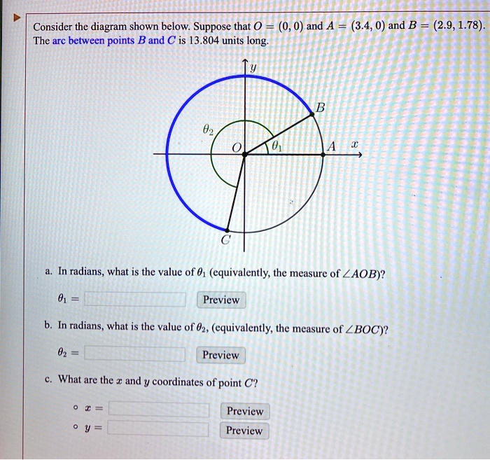 SOLVED: Consider the diagram shown below. Suppose that O (0,0) and A. The arc between points B ...