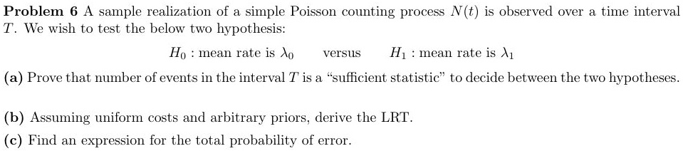 SOLVED: Problem 6: A sample realization of a simple Poisson counting process N(t) is observed ...