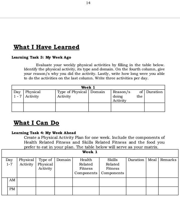 learning task 4 my week ahead create a physical activity plan for one week include the ...