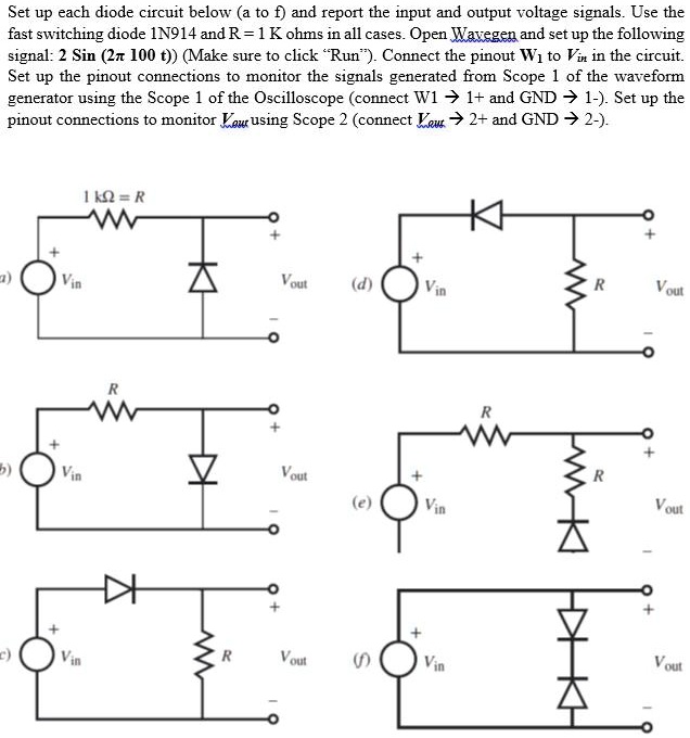 SOLVED: Set up each diode circuit below a to f and report the input and ...