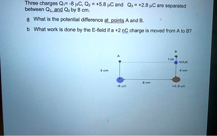 three charges q 8 uc q2 58 hc and q3 28 ac are separated between qand ...