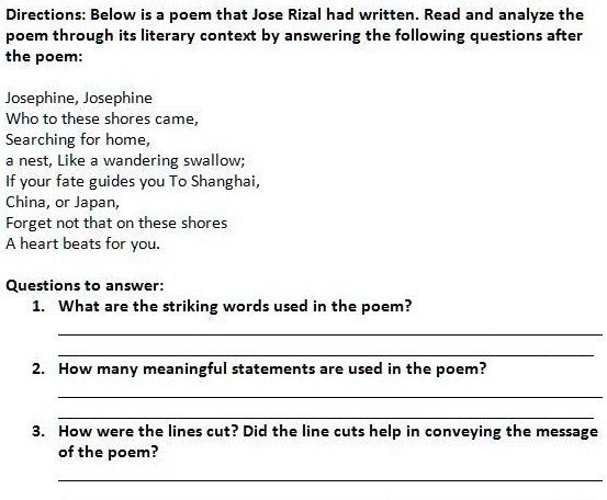 Directions: Below is a poem that Jose Rizal had written. Read and ...