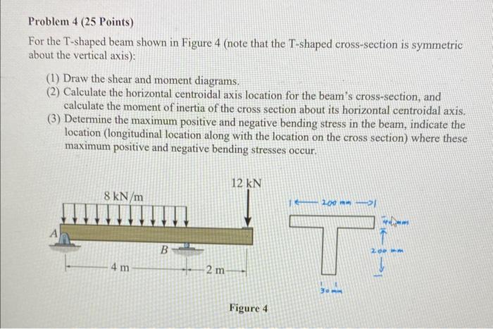 Problem 4 (25 Points) For the T-shaped beam shown in Figure 4 (note that the T-shaped cross ...