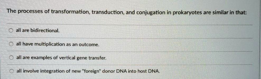 SOLVED: The processes of transformation, transduction; and conjugation ...